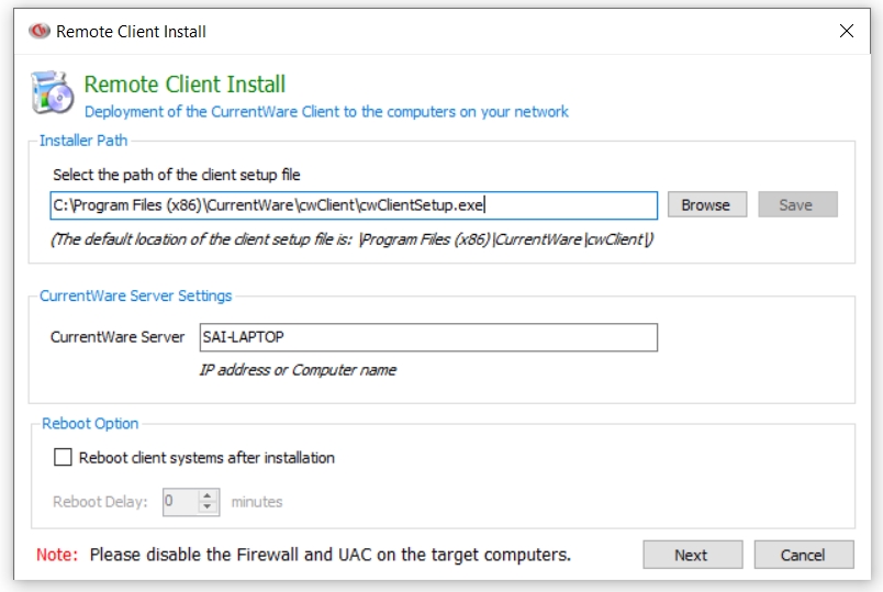 Client Deployment Using Remote Client Install Currentware Support